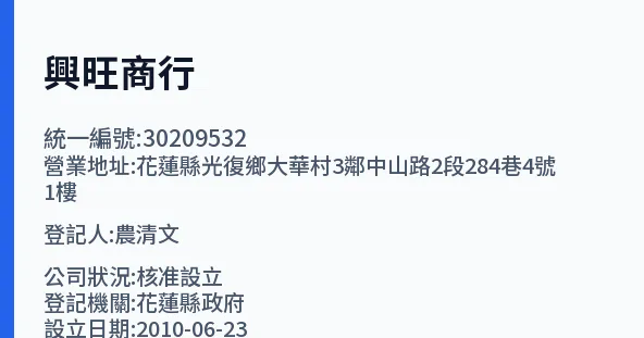 興旺商行的照片-統編 30209532(花蓮縣) 公司登記資料與營業項目詳細圖表