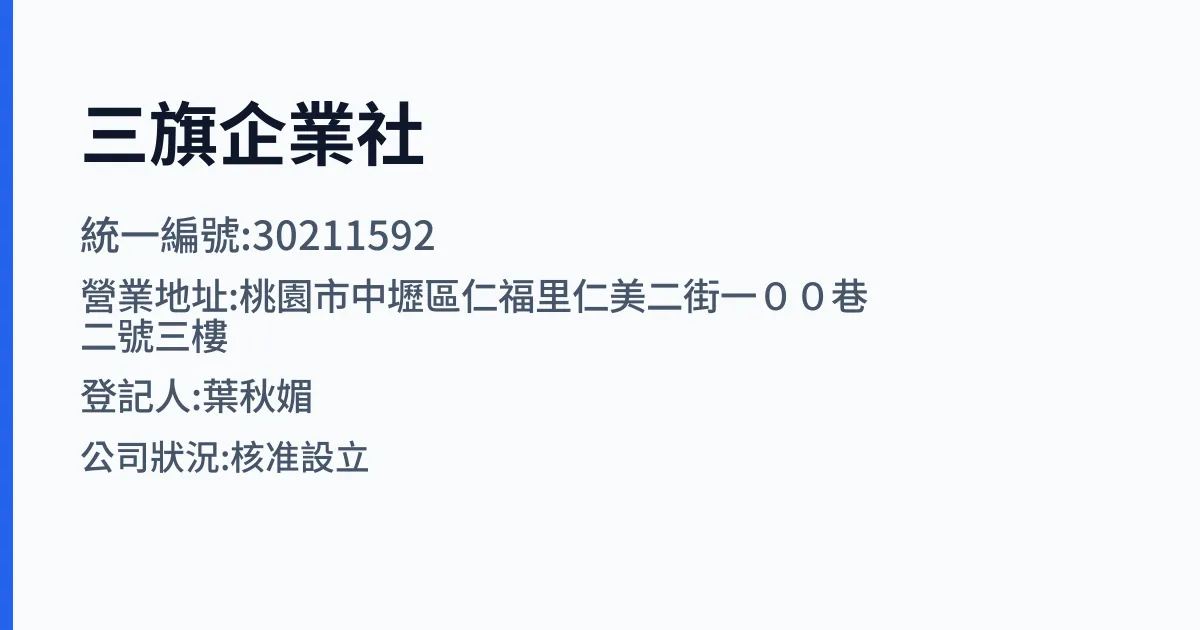 三旗企業社 - 統編 30211592(桃園市) 公司登記資料與營業項目詳細圖表