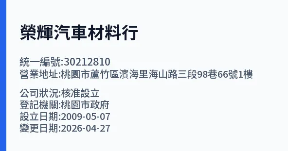 榮輝汽車材料行的照片-統編 30212810(桃園市) 公司登記資料與營業項目詳細圖表