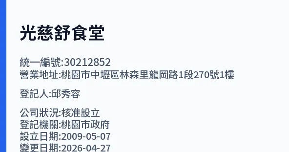 光慈舒食堂的照片-統編 30212852(桃園市) 公司登記資料與營業項目詳細圖表
