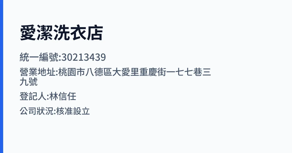 愛潔洗衣店 - 統編 30213439(桃園市) 公司登記資料與營業項目詳細圖表