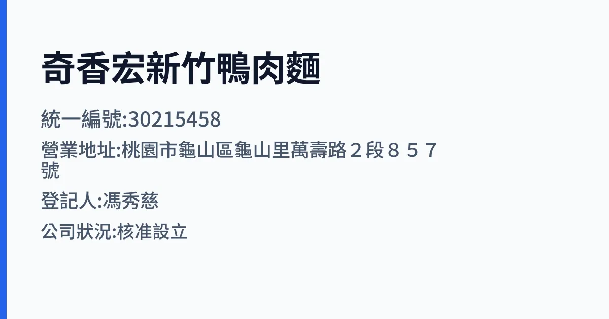 奇香宏新竹鴨肉麵 - 統編 30215458(桃園市) 公司登記資料與營業項目詳細圖表