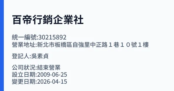 百帝行銷企業社的照片-統編 30215892(新北市) 公司登記資料與營業項目詳細圖表
