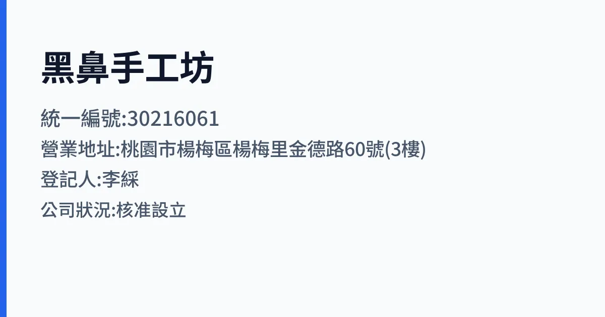 黑鼻手工坊 - 統編 30216061(桃園市) 公司登記資料與營業項目詳細圖表