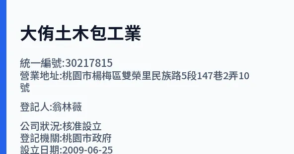 大侑土木包工業的照片-統編 30217815(桃園市) 公司登記資料與營業項目詳細圖表