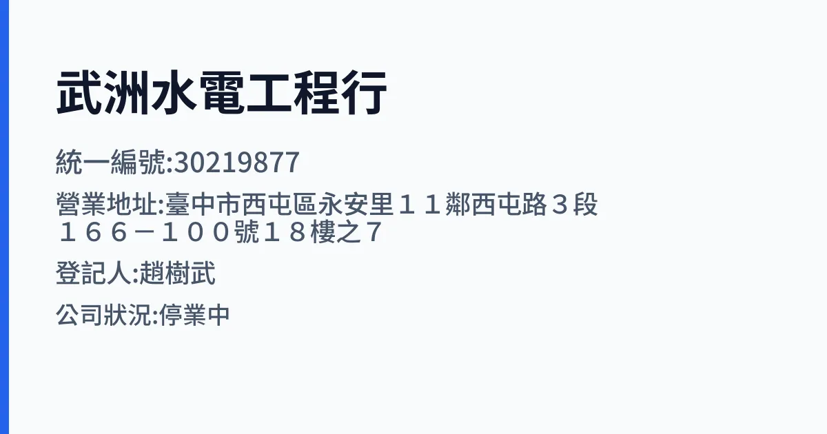 武洲水電工程行 - 統編 30219877(臺中市) 公司登記資料與營業項目詳細圖表