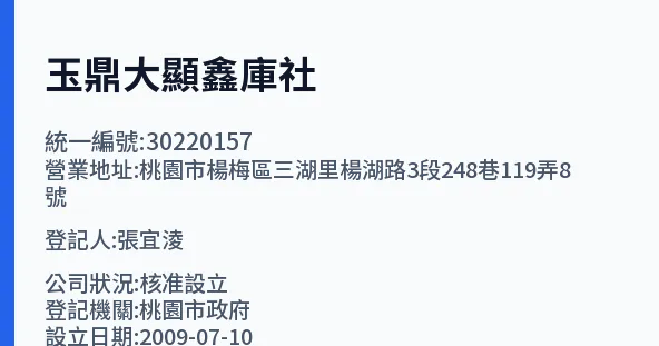 玉鼎大顯鑫庫社的照片-統編 30220157(桃園市) 公司登記資料與營業項目詳細圖表