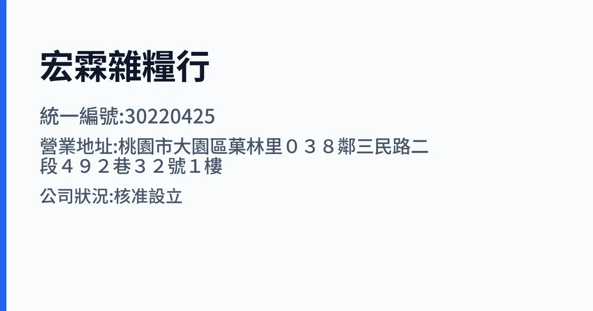宏霖雜糧行 - 統編 30220425(桃園市) 公司登記資料與營業項目詳細圖表