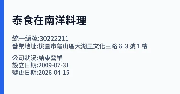 泰食在南洋料理的照片-統編 30222211(桃園市) 公司登記資料與營業項目詳細圖表