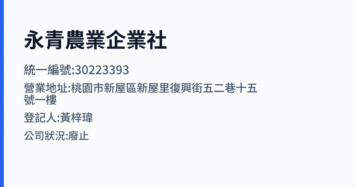 永青農業企業社 - 統編 30223393(桃園市) 公司登記資料與營業項目詳細圖表