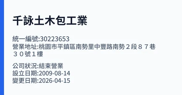 千詠土木包工業的照片-統編 30223653(桃園市) 公司登記資料與營業項目詳細圖表