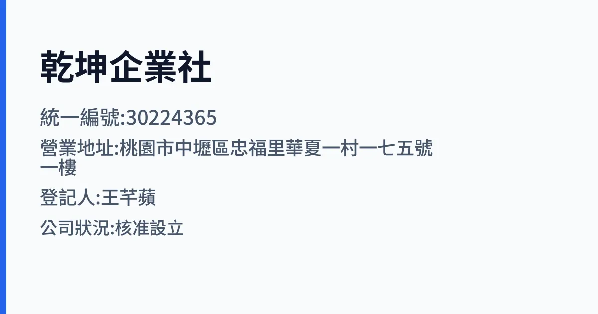 乾坤企業社 - 統編 30224365(桃園市) 公司登記資料與營業項目詳細圖表