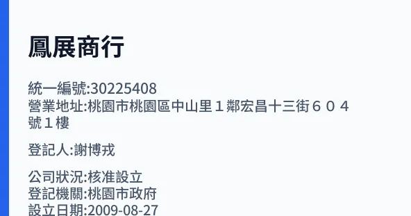 鳳展商行的照片-統編 30225408(桃園市) 公司登記資料與營業項目詳細圖表