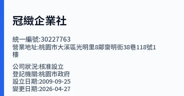 冠緻企業社的照片-統編 30227763(桃園市) 公司登記資料與營業項目詳細圖表