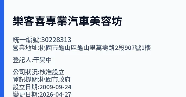 樂客喜專業汽車美容坊的照片-統編 30228313(桃園市) 公司登記資料與營業項目詳細圖表