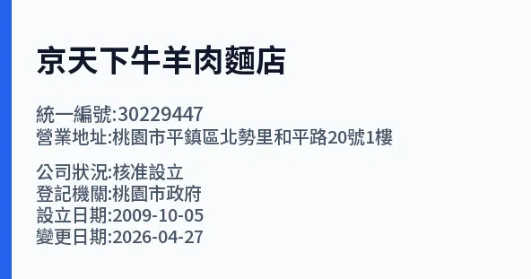 京天下牛羊肉麵店的照片-統編 30229447(桃園市) 公司登記資料與營業項目詳細圖表