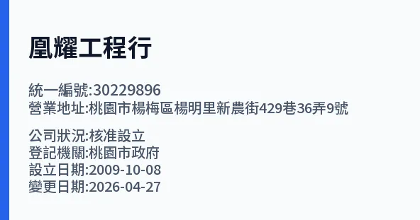 凰耀工程行的照片-統編 30229896(桃園市) 公司登記資料與營業項目詳細圖表