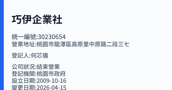 巧伊企業社的照片-統編 30230654(桃園市) 公司登記資料與營業項目詳細圖表