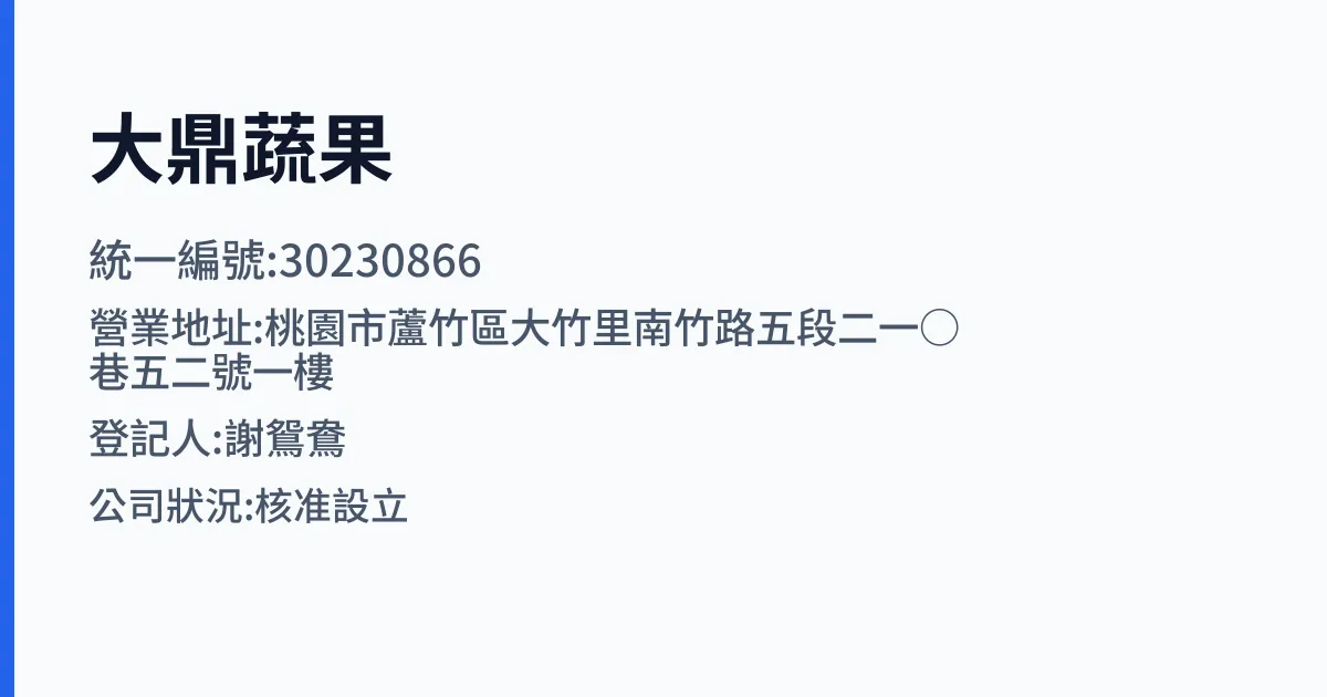 大鼎蔬果 - 統編 30230866(桃園市) 公司登記資料與營業項目詳細圖表