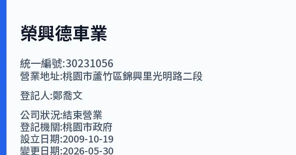 榮興德車業的照片-統編 30231056(桃園市) 公司登記資料與營業項目詳細圖表
