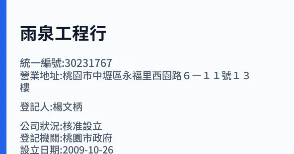 雨泉工程行的照片-統編 30231767(桃園市) 公司登記資料與營業項目詳細圖表