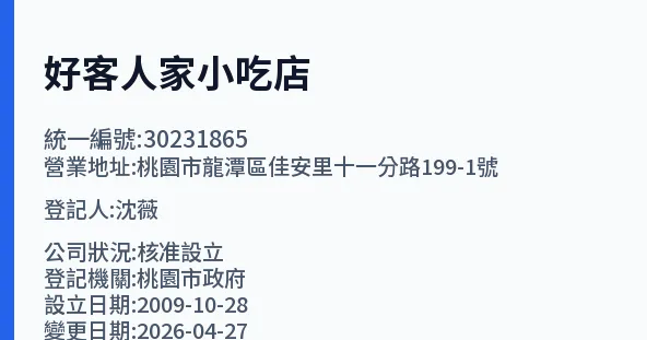 好客人家小吃店的照片-統編 30231865(桃園市) 公司登記資料與營業項目詳細圖表