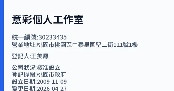 意彩個人工作室的照片-統編 30233435(桃園市) 公司登記資料與營業項目詳細圖表