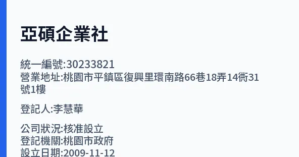 亞碩企業社的照片-統編 30233821(桃園市) 公司登記資料與營業項目詳細圖表