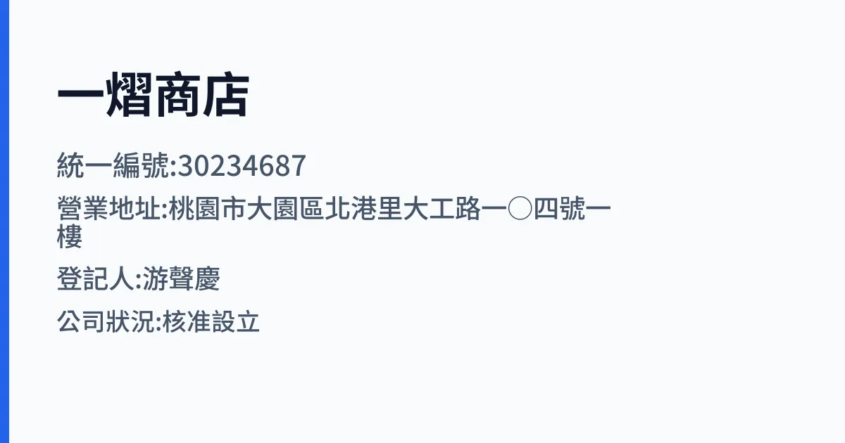 一熠商店 - 統編 30234687(桃園市) 公司登記資料與營業項目詳細圖表