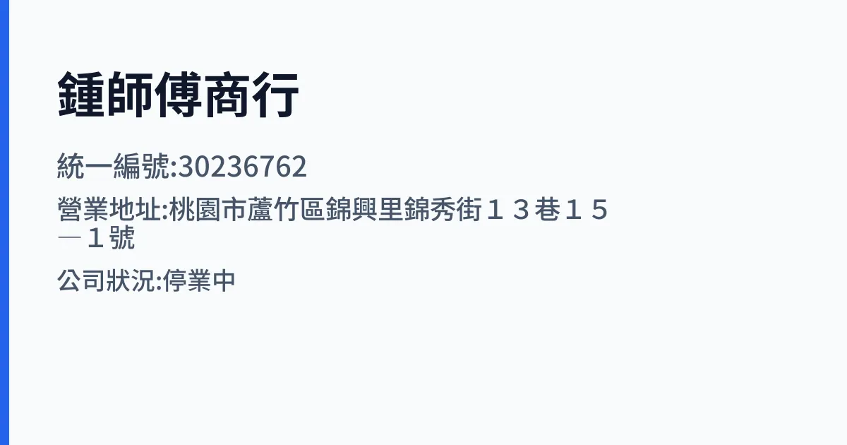 鍾師傅商行 - 統編 30236762(桃園市) 公司登記資料與營業項目詳細圖表