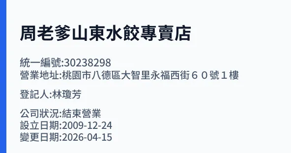 周老爹山東水餃專賣店的照片-統編 30238298(桃園市) 公司登記資料與營業項目詳細圖表