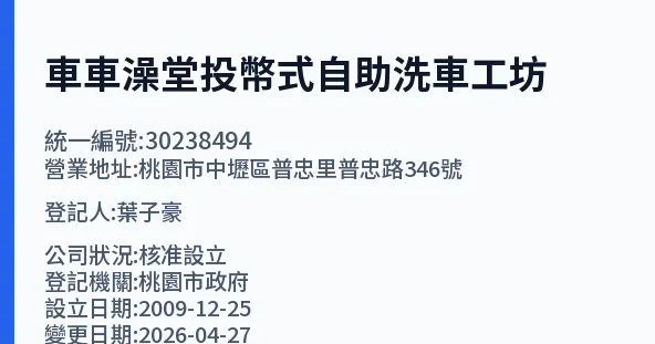 車車澡堂投幣式自助洗車工坊的照片-統編 30238494(桃園市) 公司登記資料與營業項目詳細圖表