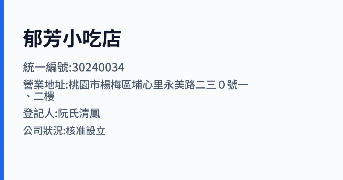 郁芳小吃店 - 統編 30240034(桃園市) 公司登記資料與營業項目詳細圖表