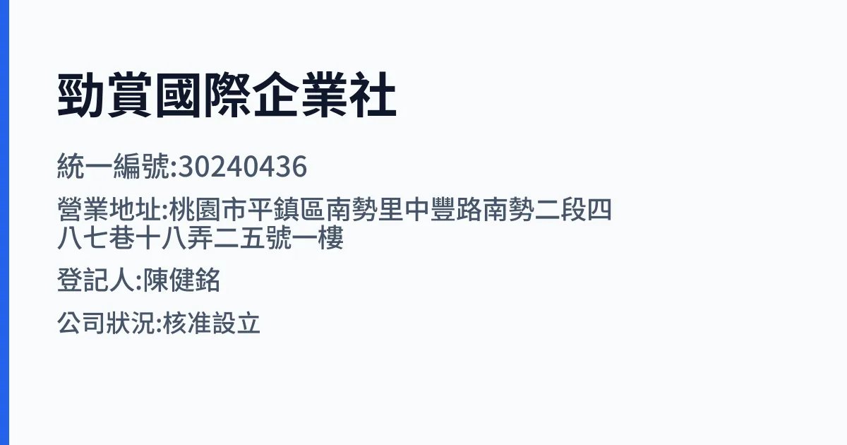 勁賞國際企業社 - 統編 30240436(桃園市) 公司登記資料與營業項目詳細圖表