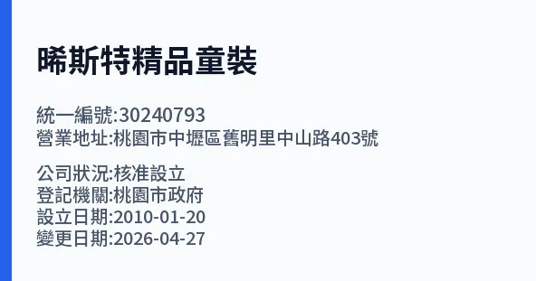 晞斯特精品童裝的照片-統編 30240793(桃園市) 公司登記資料與營業項目詳細圖表