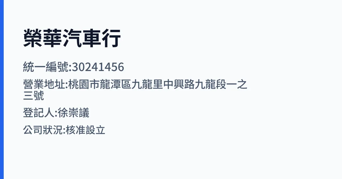 榮華汽車行 - 統編 30241456(桃園市) 公司登記資料與營業項目詳細圖表