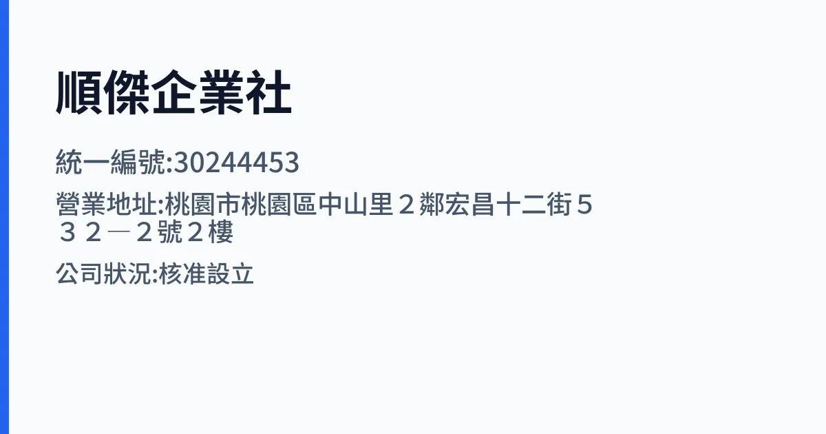順傑企業社 - 統編 30244453(桃園市) 公司登記資料與營業項目詳細圖表