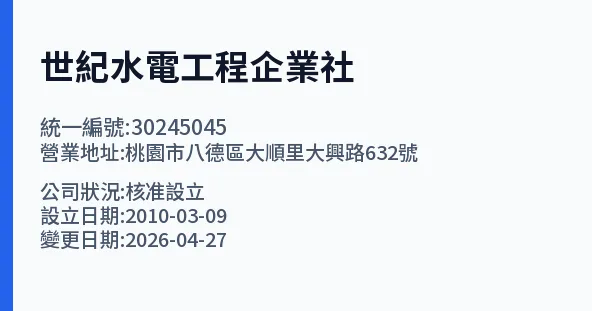 世紀水電工程企業社的照片-統編 30245045(桃園市) 公司登記資料與營業項目詳細圖表