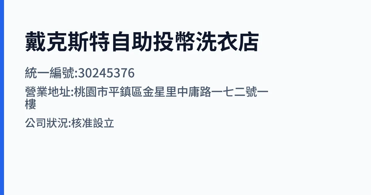 戴克斯特自助投幣洗衣店 - 統編 30245376(桃園市) 公司登記資料與營業項目詳細圖表