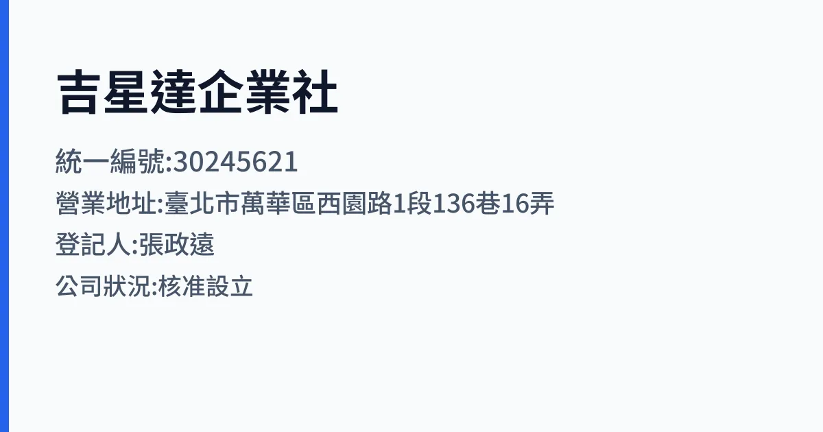 吉星達企業社 - 統編 30245621(臺北市) 公司登記資料與營業項目詳細圖表