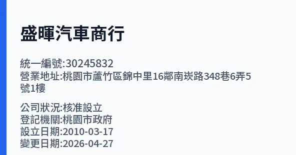 盛暉汽車商行的照片-統編 30245832(桃園市) 公司登記資料與營業項目詳細圖表