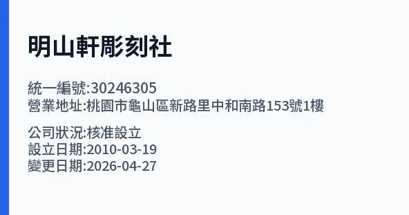明山軒彫刻社的照片-統編 30246305(桃園市) 公司登記資料與營業項目詳細圖表