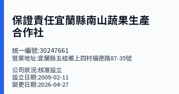 保證責任宜蘭縣南山蔬果生產合作社的照片-統編 30247661(宜蘭縣) 公司登記資料與營業項目詳細圖表