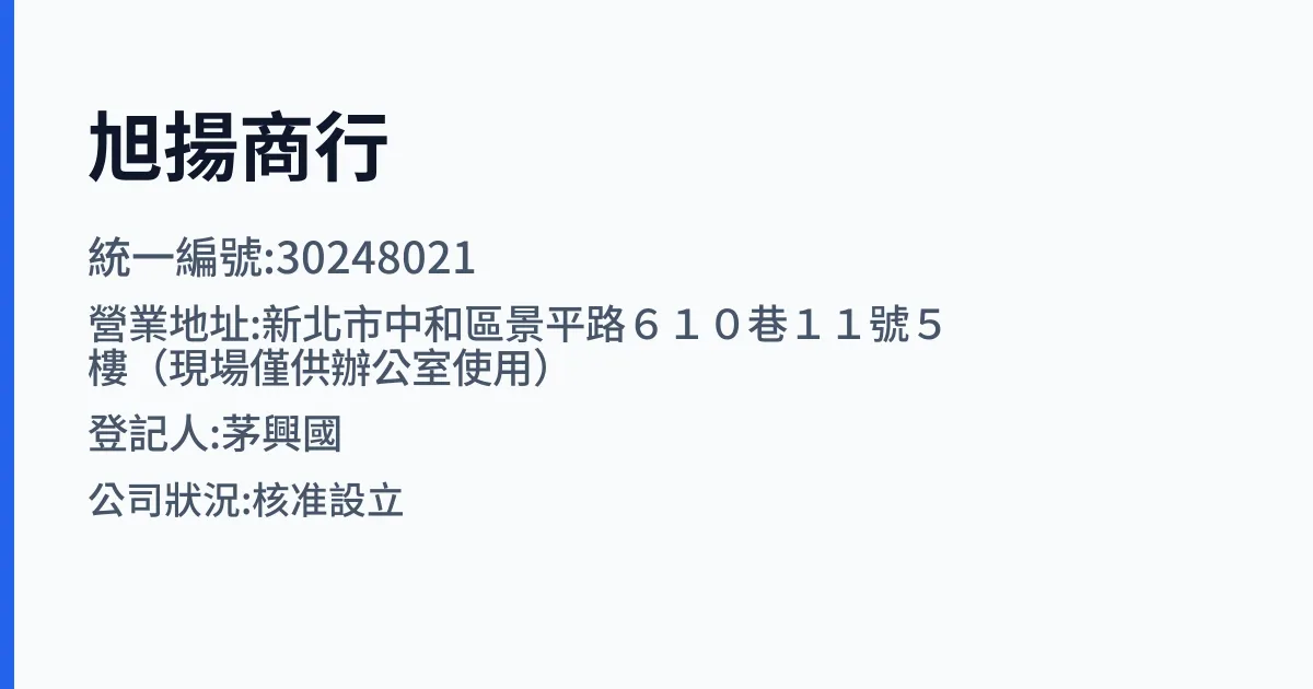 旭揚商行 - 統編 30248021(新北市) 公司登記資料與營業項目詳細圖表