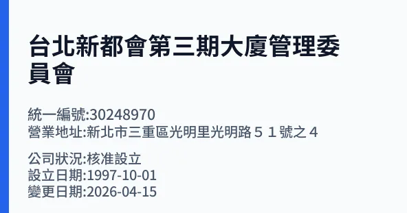 台北新都會第三期大廈管理委員會的照片-統編 30248970(新北市) 公司登記資料與營業項目詳細圖表