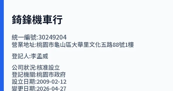錡鋒機車行的照片-統編 30249204(桃園市) 公司登記資料與營業項目詳細圖表