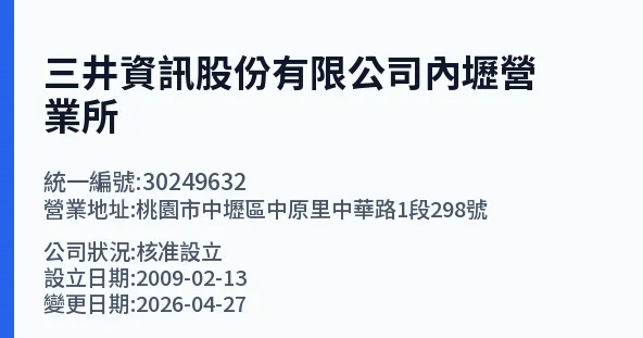 三井資訊股份有限公司內壢營業所的照片-統編 30249632(桃園市) 公司登記資料與營業項目詳細圖表