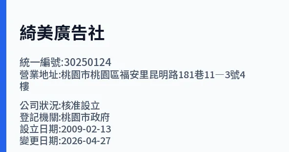綺美廣告社的照片-統編 30250124(桃園市) 公司登記資料與營業項目詳細圖表