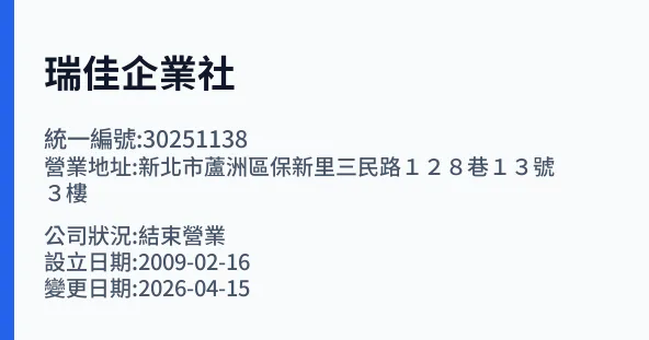 瑞佳企業社的照片-統編 30251138(新北市) 公司登記資料與營業項目詳細圖表