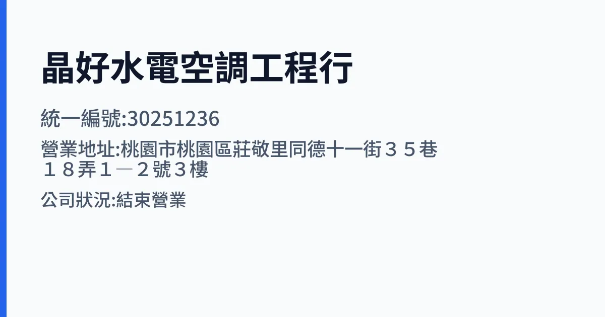 晶好水電空調工程行 - 統編 30251236（桃園市） 公司登記資料與營業項目詳細圖表